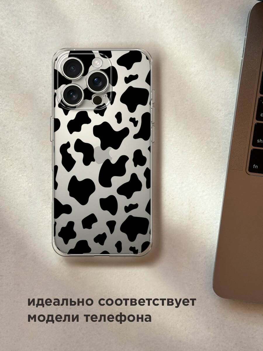 Чехол на Apple iPhone 16 Pro / Айфон 16 Про с принтом "Черные пятна коровы", прозрачный — фото 1