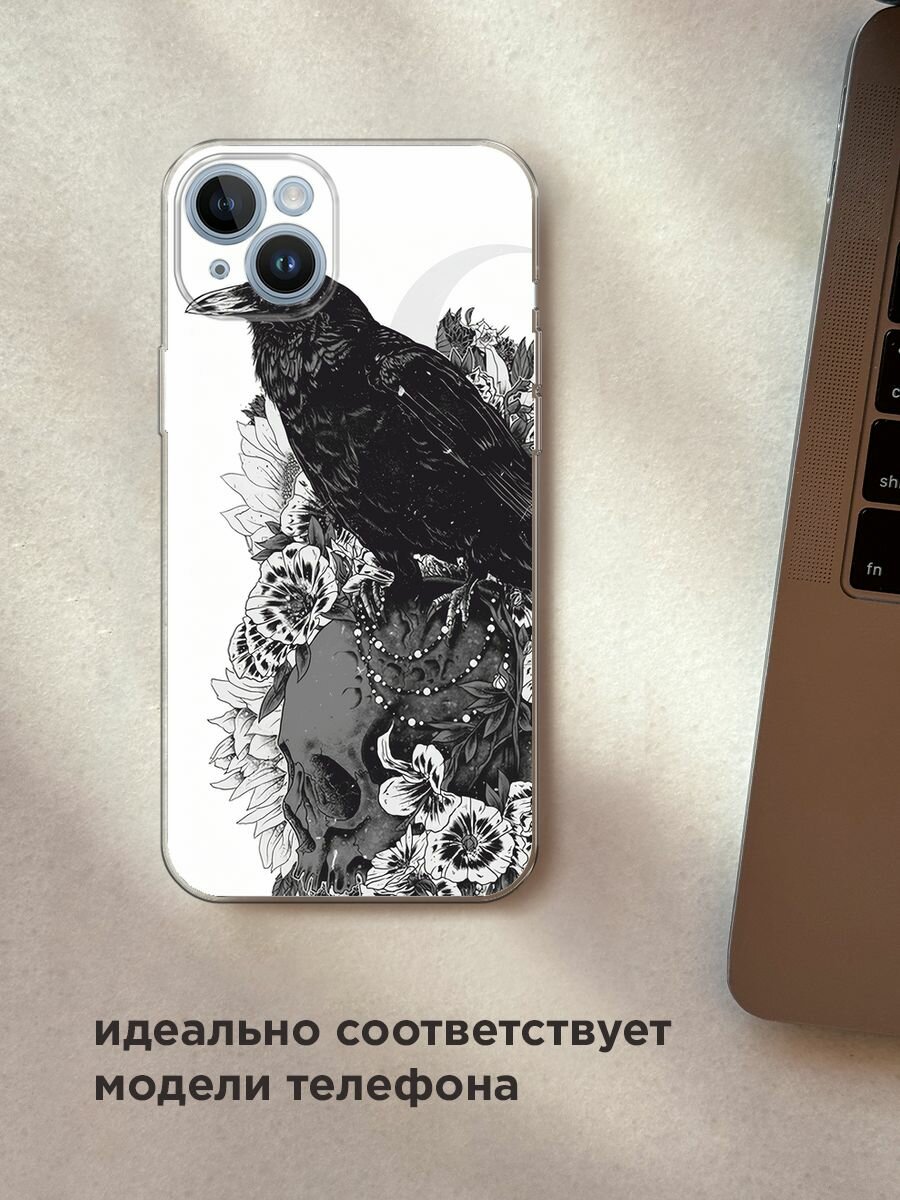 Чехол на Apple iPhone 14 / Айфон 14 с принтом "Череп и ворона 1" — фото 1