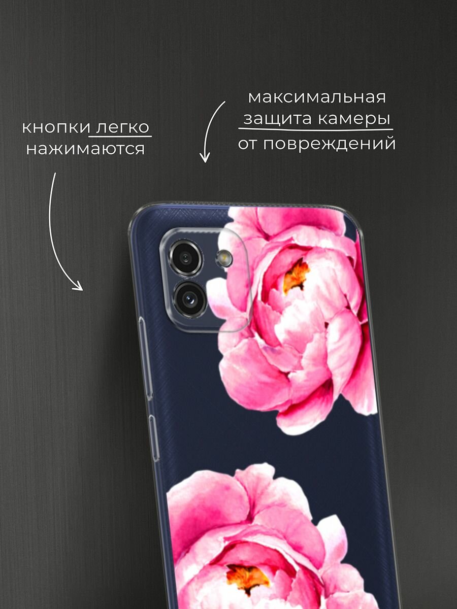 Чехол на Samsung Galaxy A03 / Самсунг Галакси А03 с принтом "Open peonies", прозрачный — фото 1