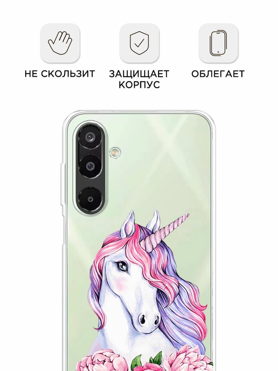 Чехол на Samsung Galaxy M16 / Самсунг Галакси М16 с принтом "Единорог с пионами", прозрачный — фото 1