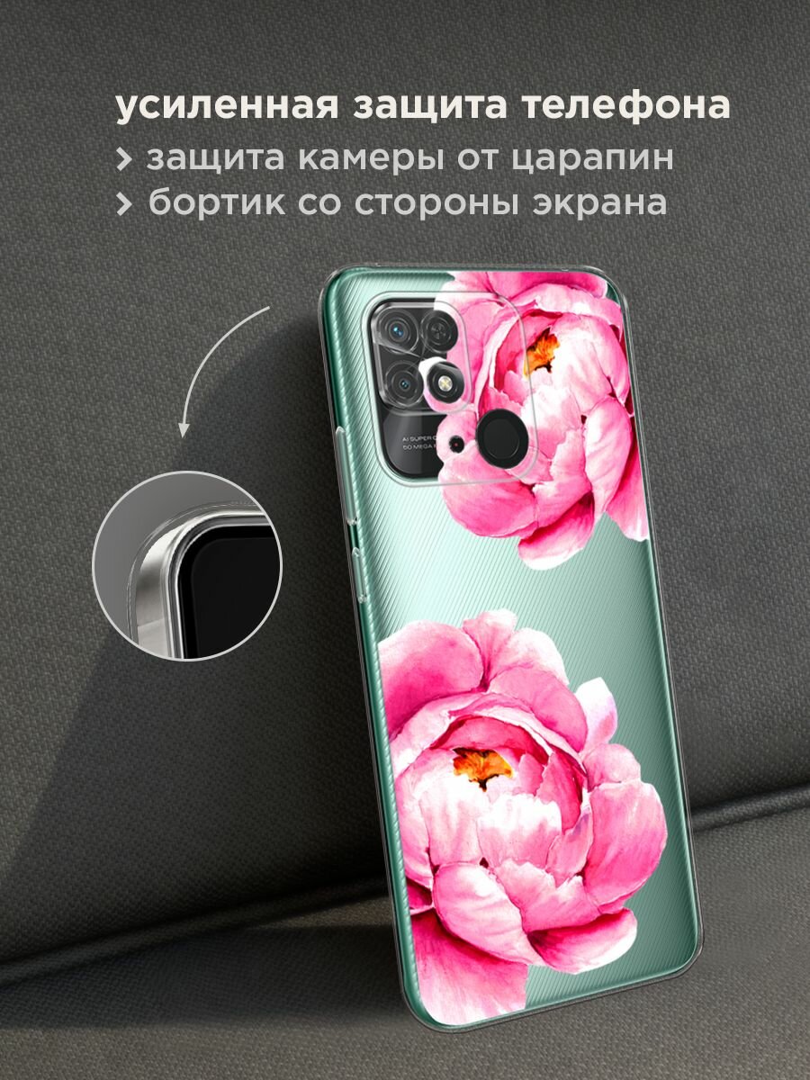Чехол на Xiaomi Redmi 10C / Сяоми Редми 10C с принтом "Open peonies", прозрачный — фото 1