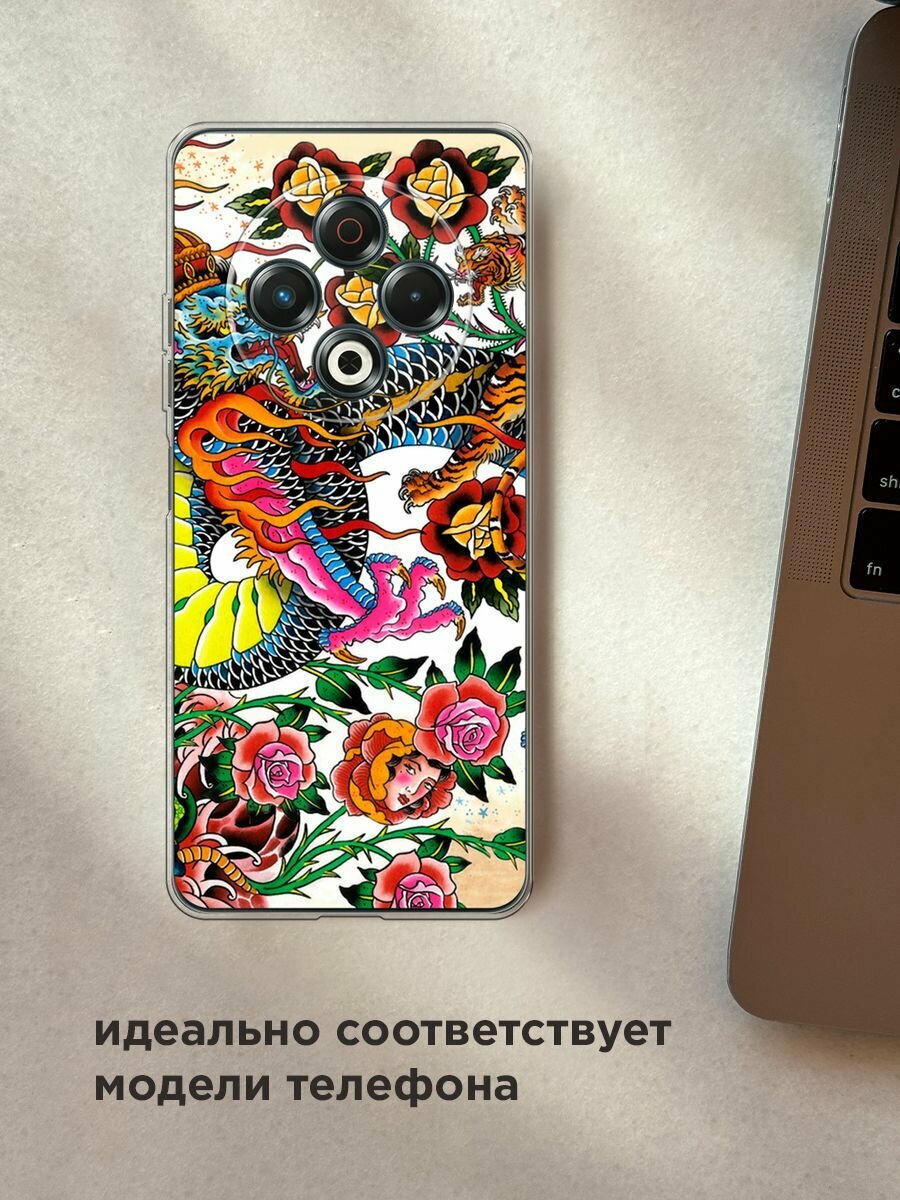 Чехол на Tecno Spark 30 / Текно Спарк 30 с принтом "Дракон в цветах" — фото 1