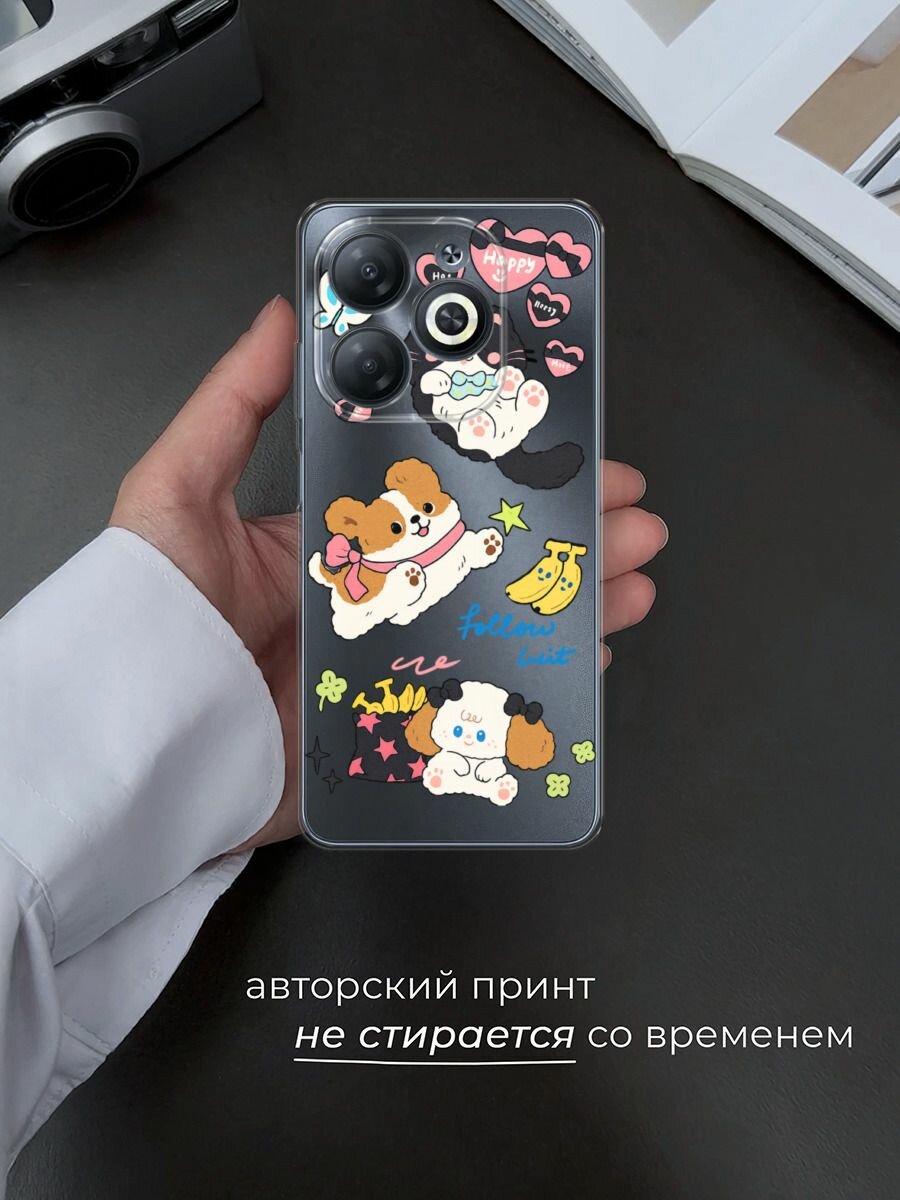 Чехол на Infinix Smart 8/8 HD/HOT 40i / Инфиникс Смарт 8/8 HD/HOT 40i с принтом "Кудрявые животные", прозрачный — фото 1