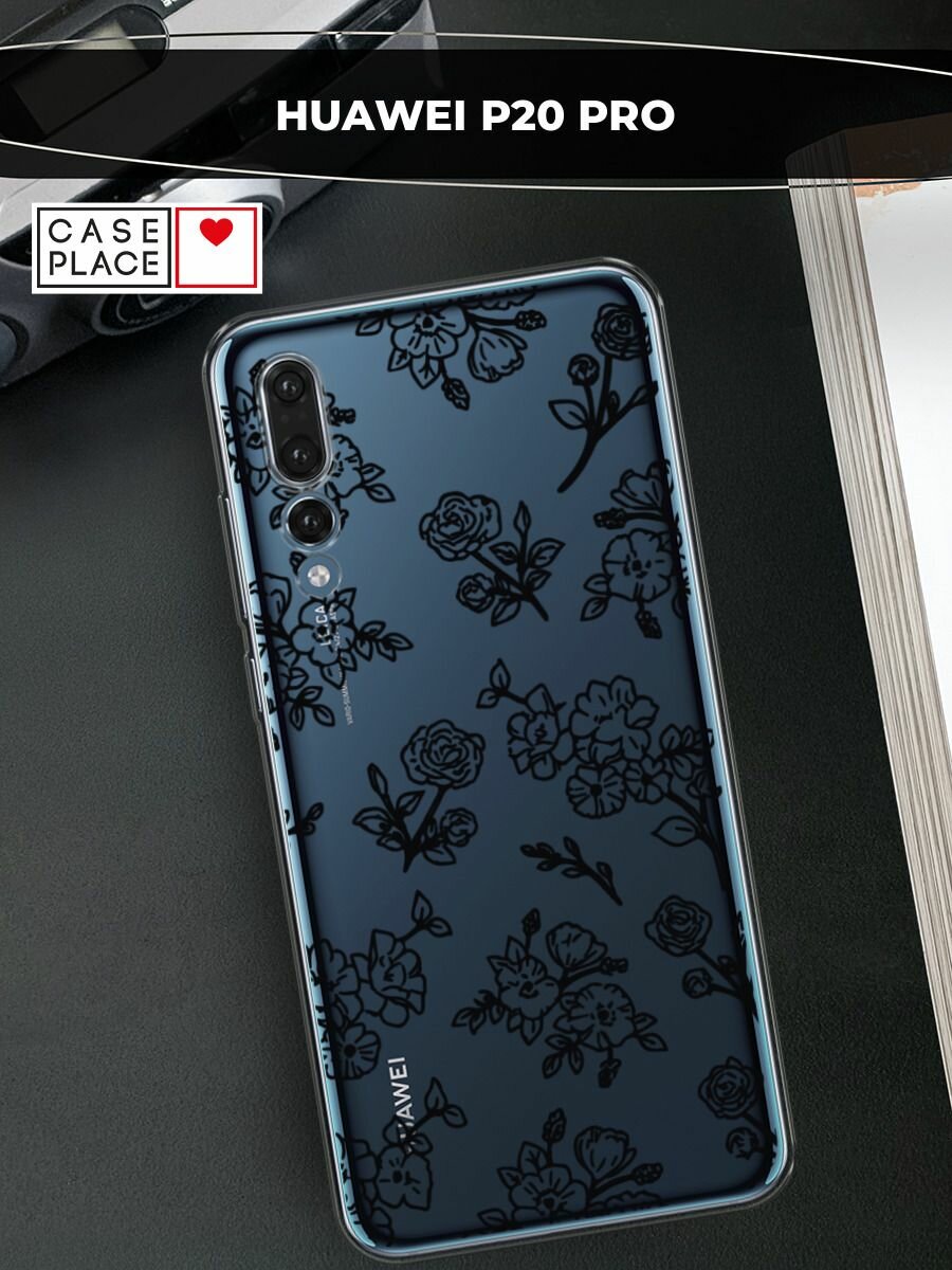 Чехол на Huawei P20 Pro / Хуавей П20 Про с принтом "Черные розы паттерн", прозрачный