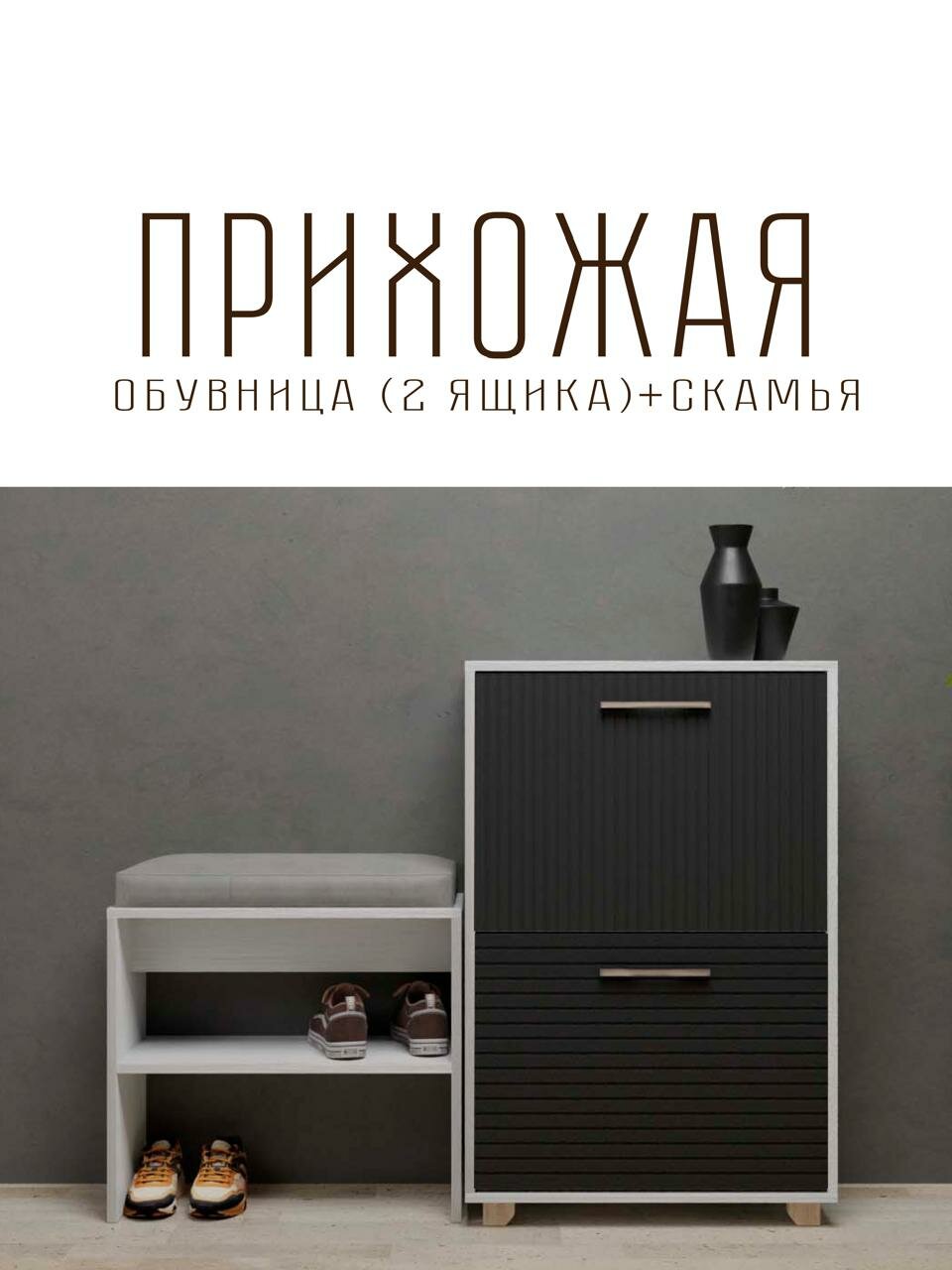 Обувница Копенгаген 2 ящика + скамья ЛДСП Белый/ МДФ Черный 95х120х30