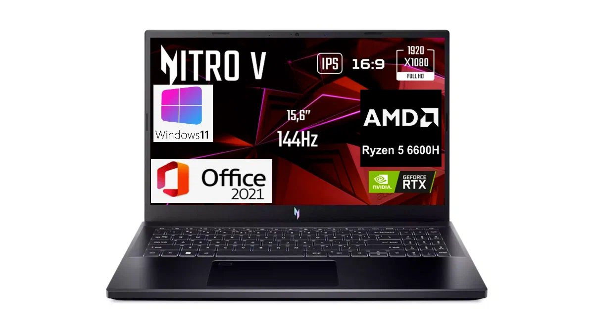 Ноутбук ACER Nitro 15,6" IPS 144гц, Ryzen 6600H (6 ядер до 4.5Ghz), 32 GB DDR5, SSD 1 TB, RTX3050-6GB, Win11+Office