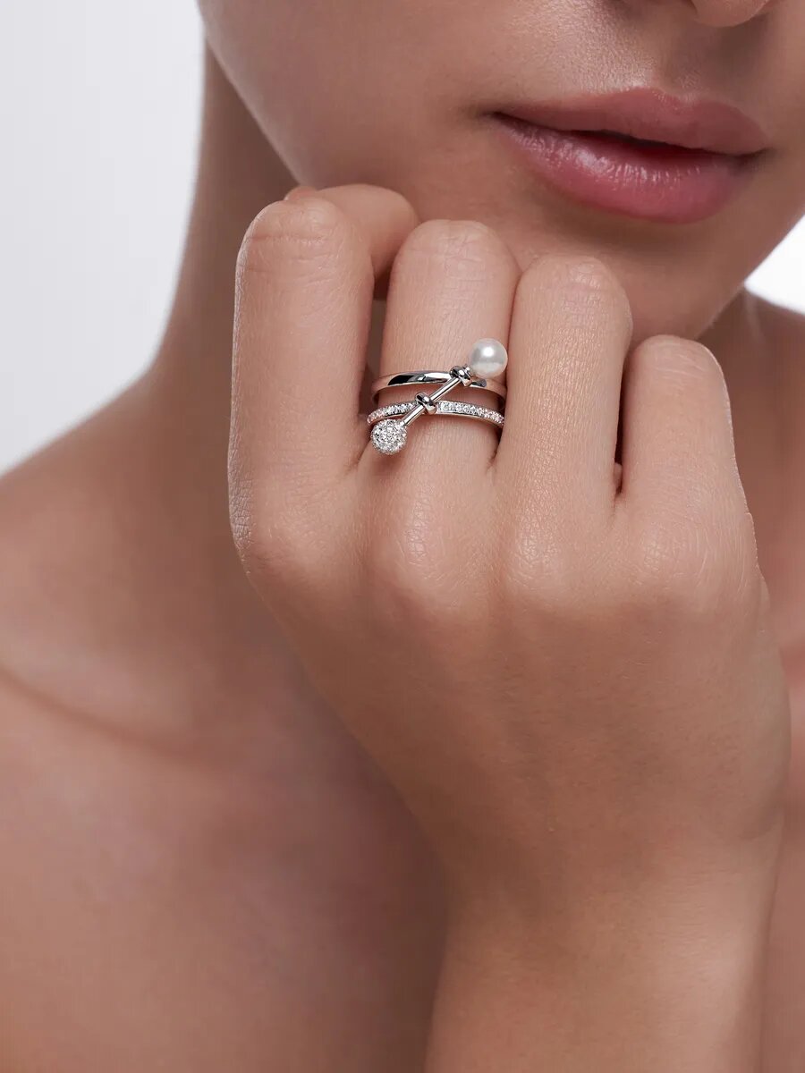 Кольцо тонкое, серебро, 925 проба, жемчуг культивированный, фианит