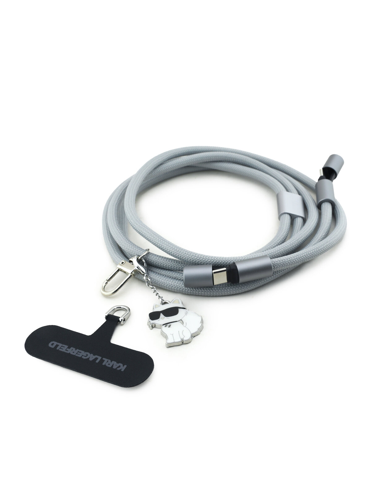 Шнурок для телефона Karl Lagerfeld, кросс-боди, нейлоновый, со встроенным кабелем USB-C 1.5м, с подвеской, серебристый