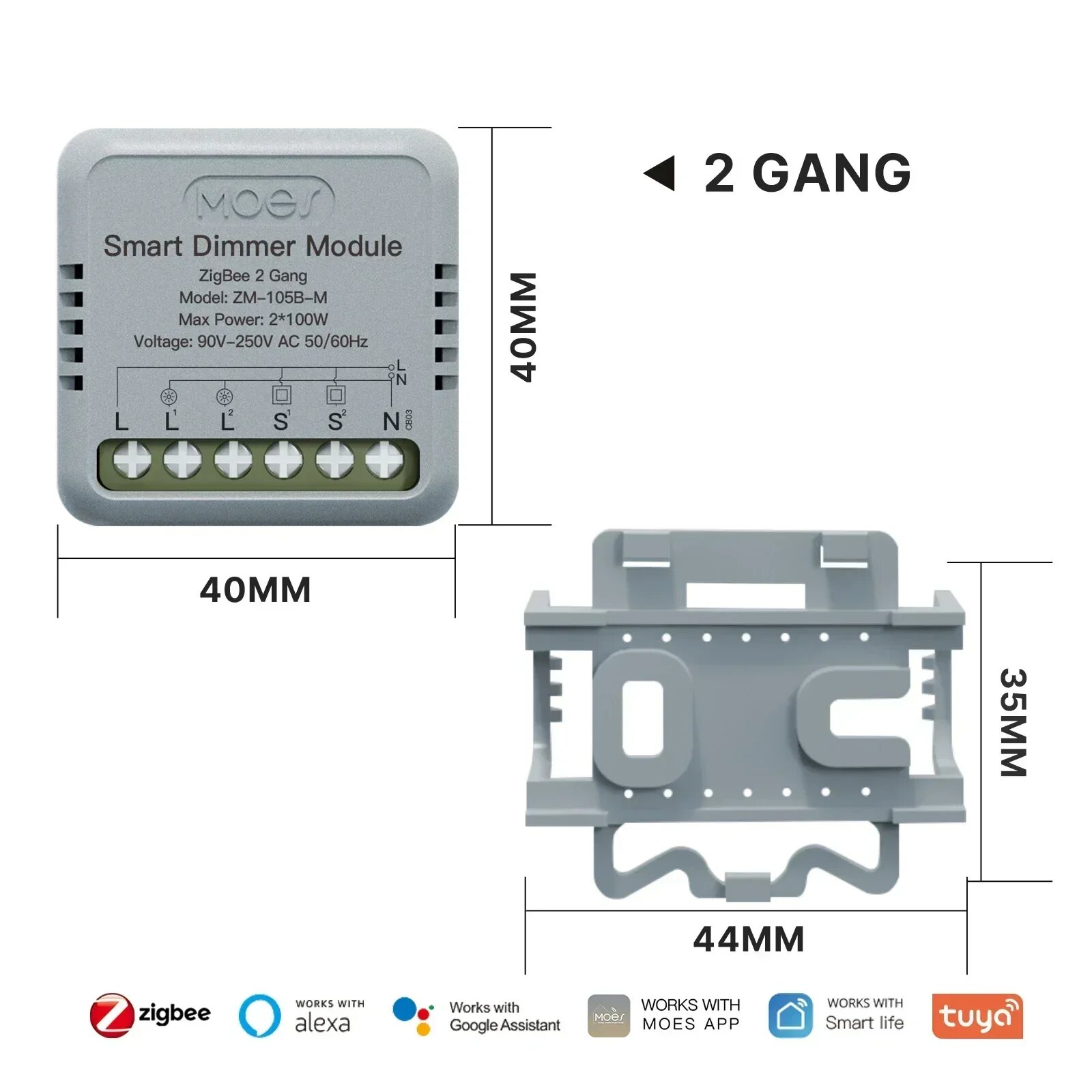 MOES Zigbee 2 Gang Smart Dimmer Module 40x44x35mm