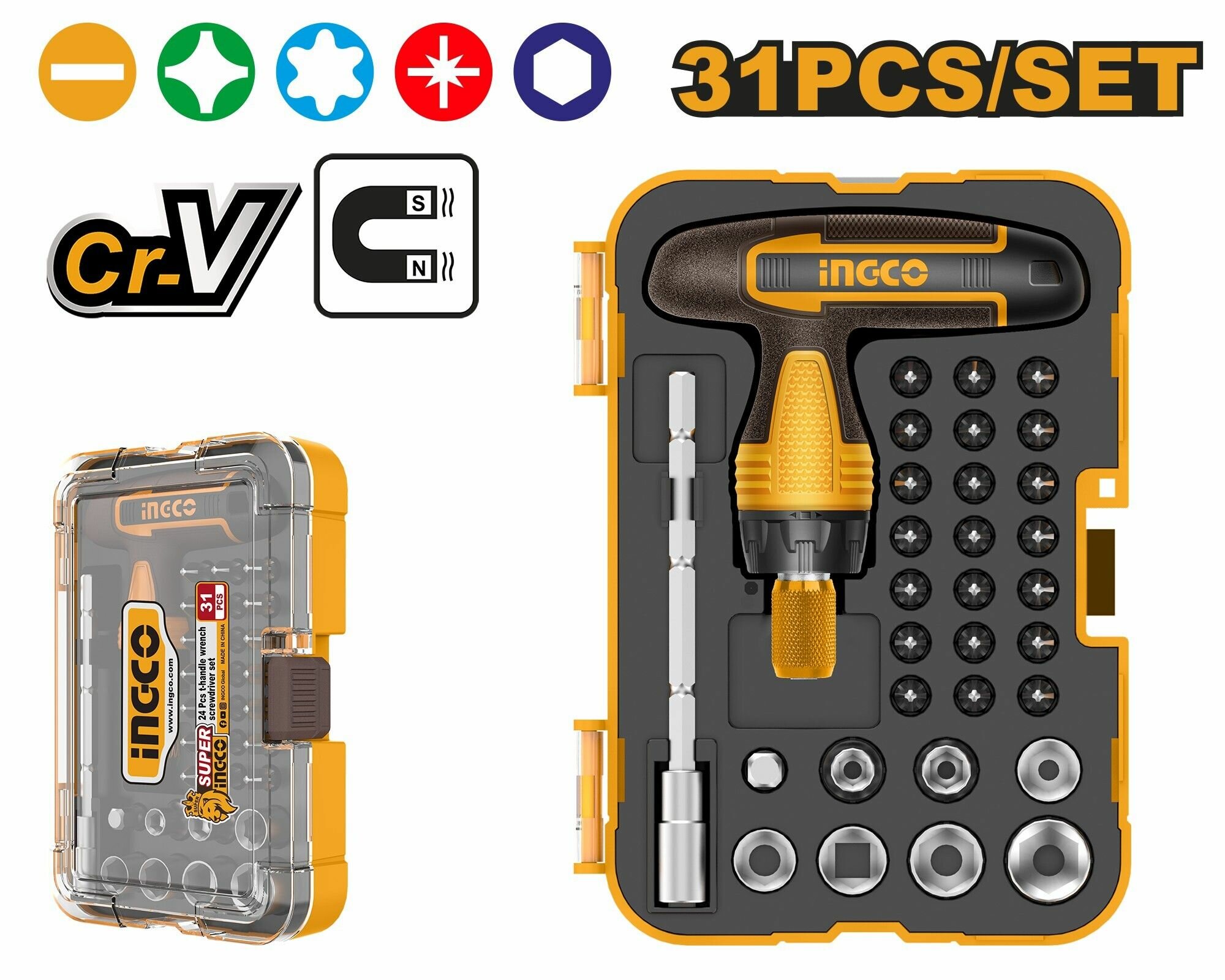Отвёрткa Т-образная реверсивная 31 шт INGCO HKSDB0318 INDUSTRIAL