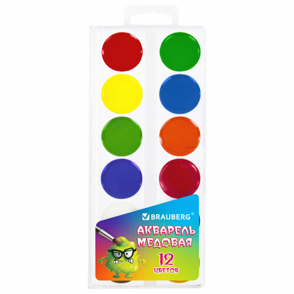 Краски акварельные BRAUBERG "монстрики", медовые, 12 цветов, круглые кюветы, 192641, 192641