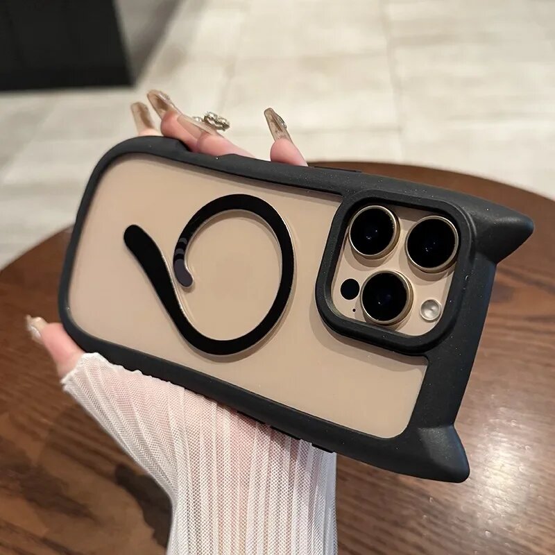 Чехол Ins Cute Cat Tail для телефона Magsafe для iPhone 17, 16, 15, 14, 13, 11, 12 Pro Max, бампер с кошачьими ушками, прозрачный жесткий чехол из ПК Black, For iphone 15 Promax