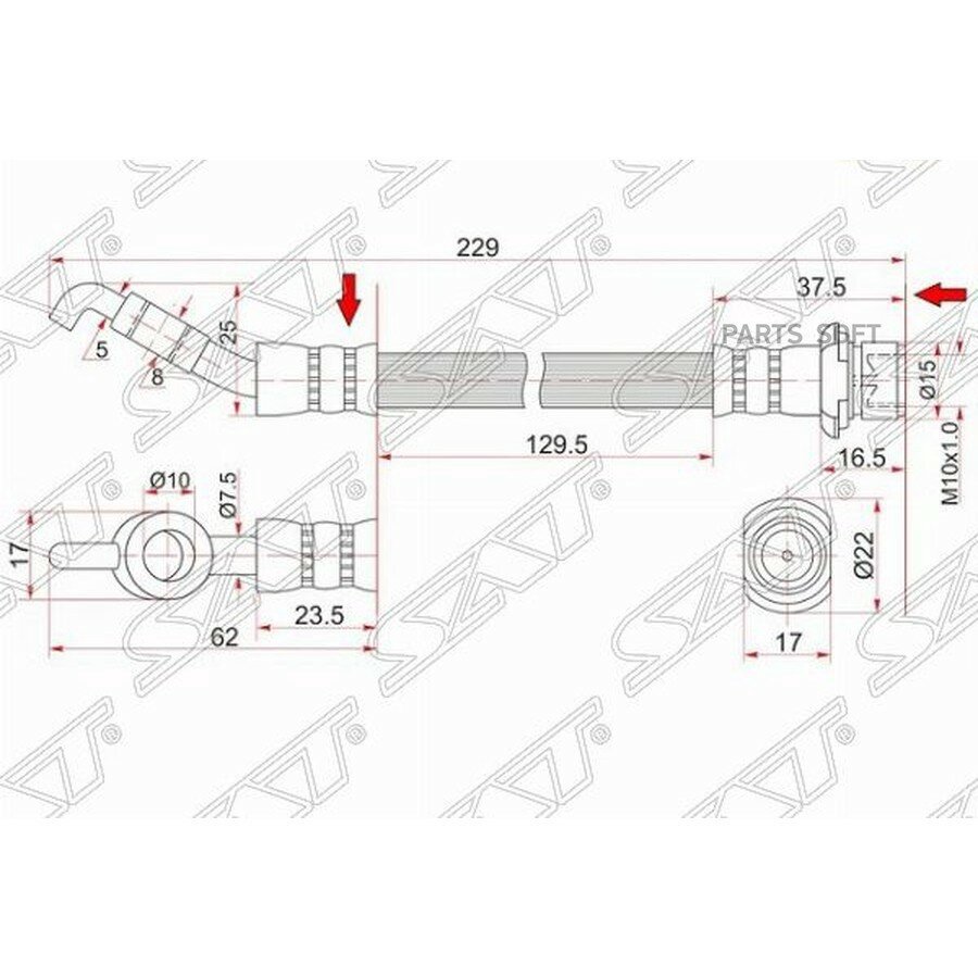 Шланг тормозной (Сзади/ Справа=Слева) Toyota Corolla (E150, E180) 06-16 / Auris 06-16 SAT ST-90947-02E30 | цена за 1 шт