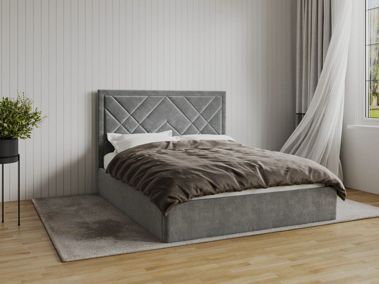 Кровать Геометрия 160×200 с подъёмным механизмом, велюр премиум, светло-серая