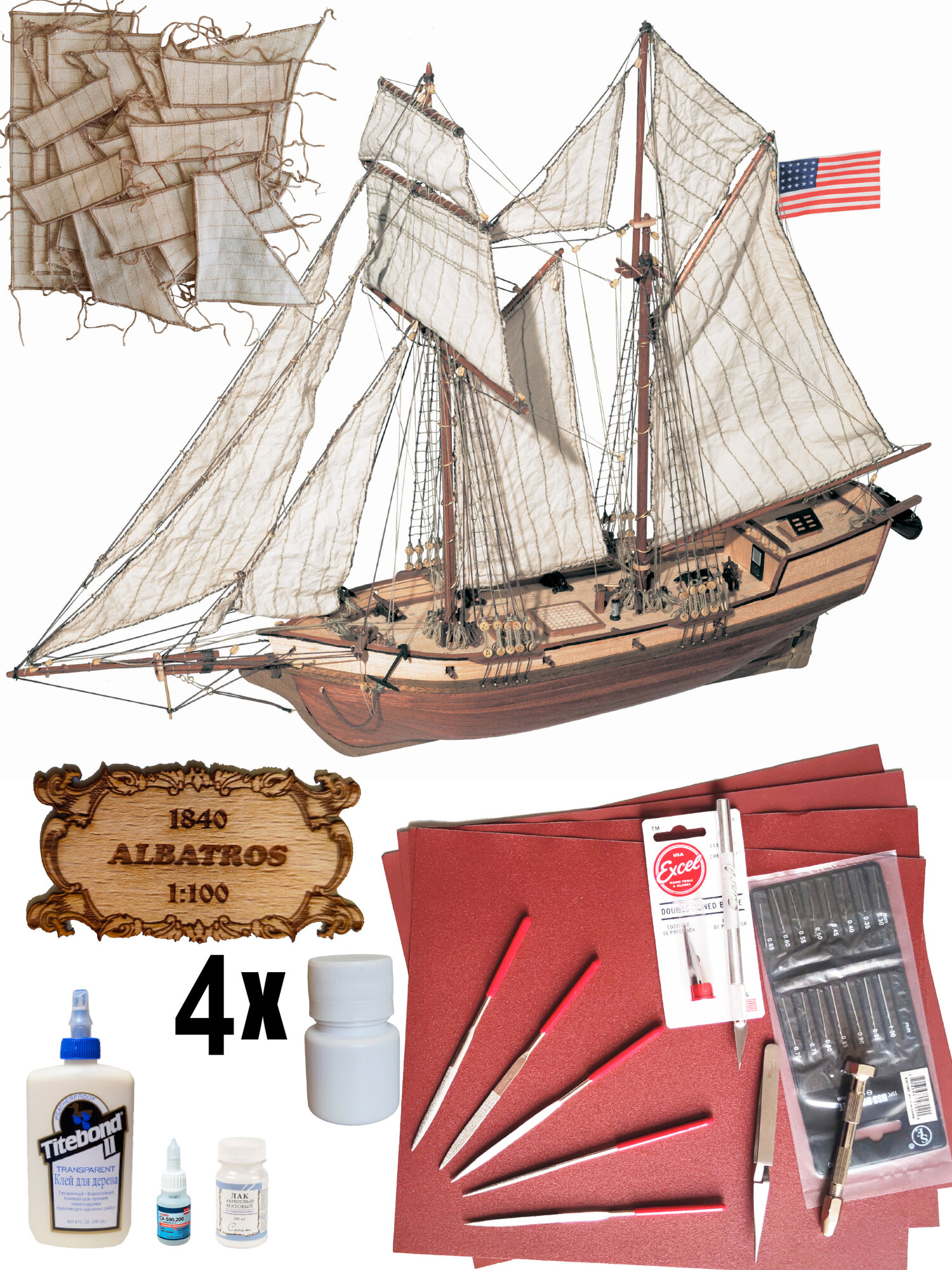 Модель парусного корабля OcCre Albatros, 140 часов, М.1:100, подарочный набор, паруса, инструменты, краски, лак, клея