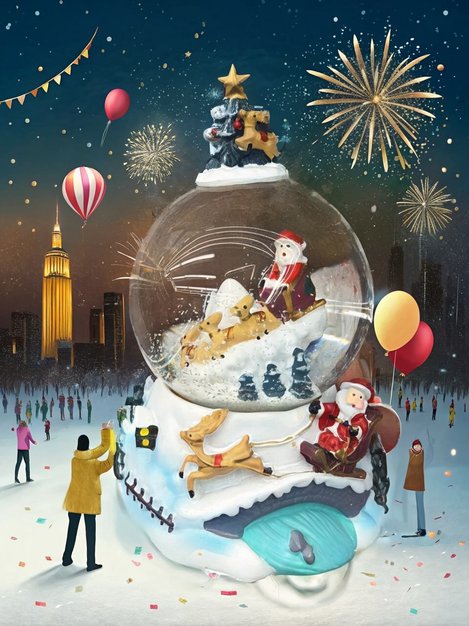 Снежный шар 8 см Дед Мороз с подарками музыкальный, новогодний сувенир с подсветкой