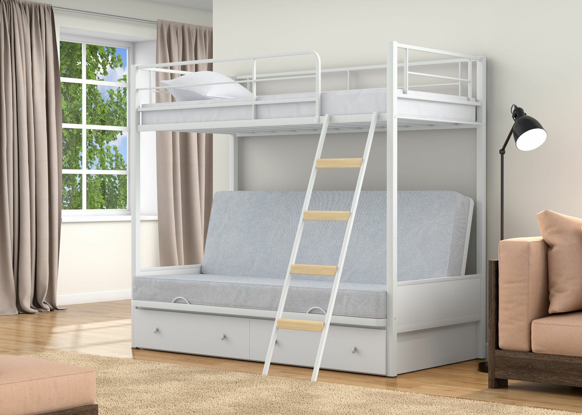 Двухъярусная кровать-диван Дакар 2 Белый с выкатными ящиками Белыми