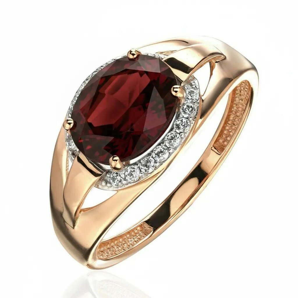 Кольцо, красное золото, 585 проба, родирование, гранат, фианит