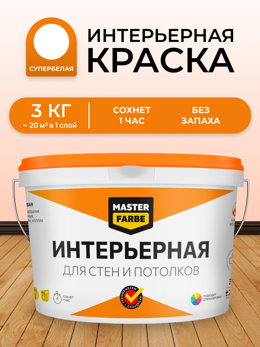 Краска интерьерная для стен и потолков Masterfarbe белый, 3 кг