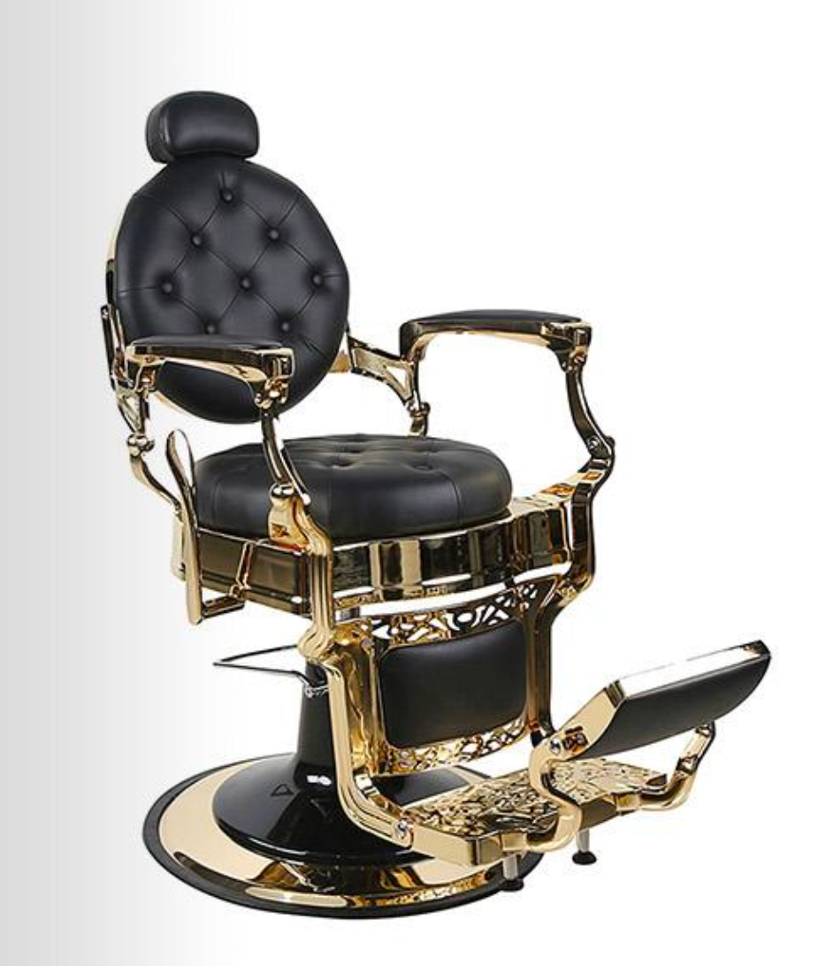 Кресло барбера ROYALTY GOLD, черный козжам, спинка с пуговицами (Честер) сиденье гладкое.