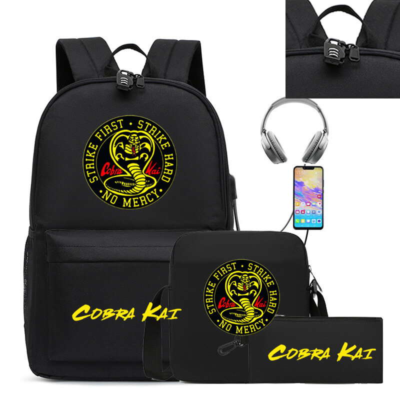 Новый американский сериал «Каратэ», детский рюкзак «Кобра», сумка для ручек, сумка на одно плечо, парусиновая школьная сумка из трех предметов 01