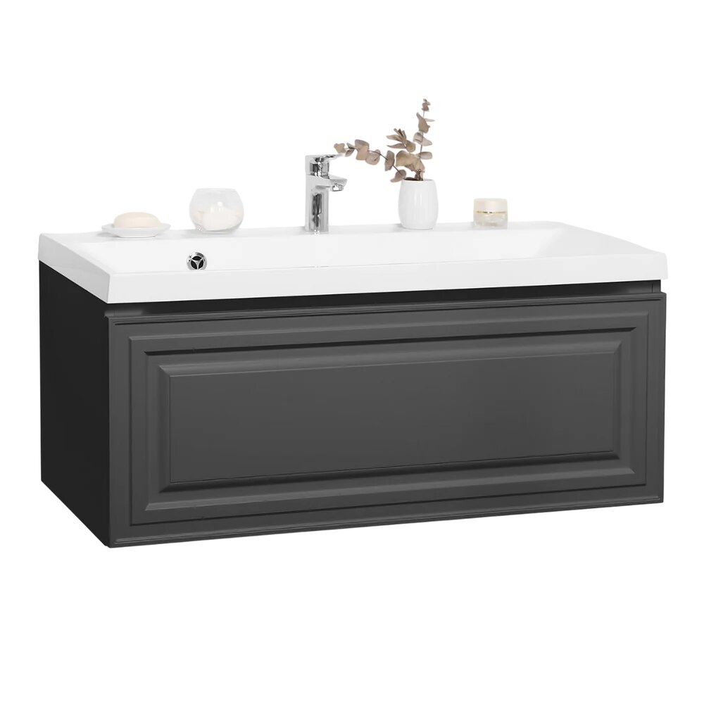 Тумба с раковиной Itana Verona 2.0 100 подвесная, 100, 1 см, серая, из МДФ, с ящиками, раковина для ванной из камня, прямоугольная