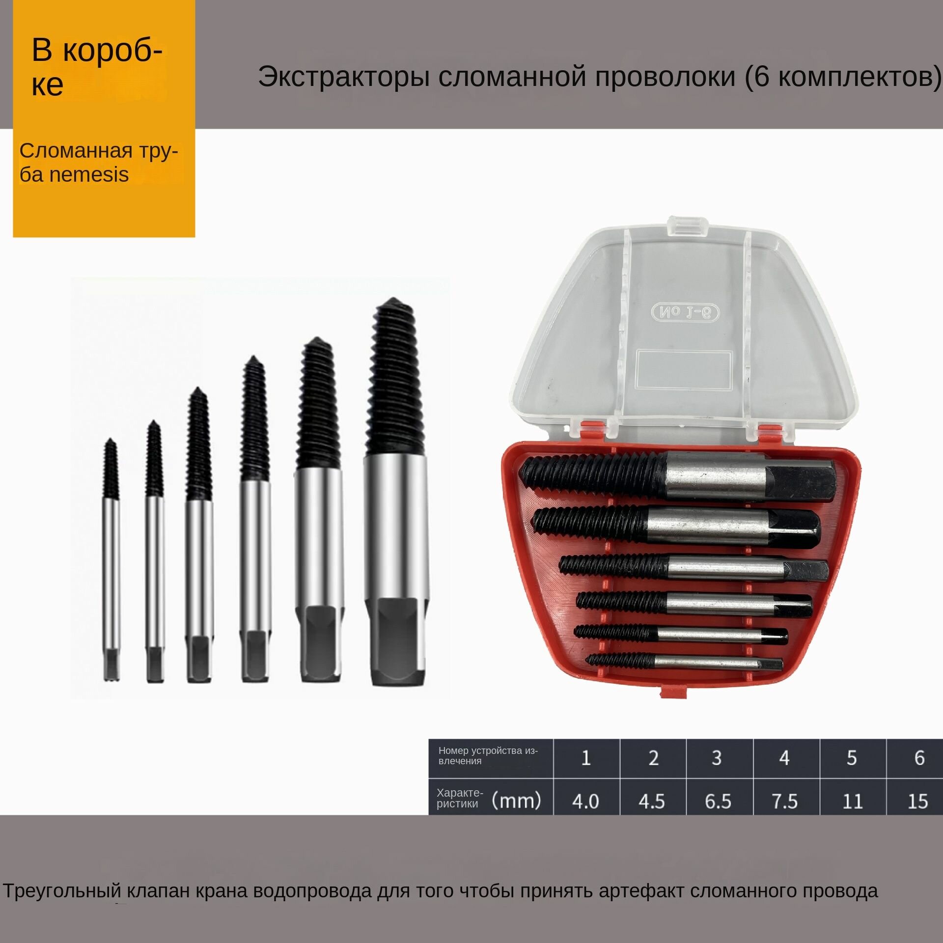 Экстрактор для извлечения обломанных кранов и угловых клапанов 1/2" и 3/4", с резьбонарезным инструментом