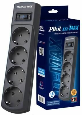 Сетевой фильтр Pilot m-MAX 1.8м (4 розетки) серый (коробка)