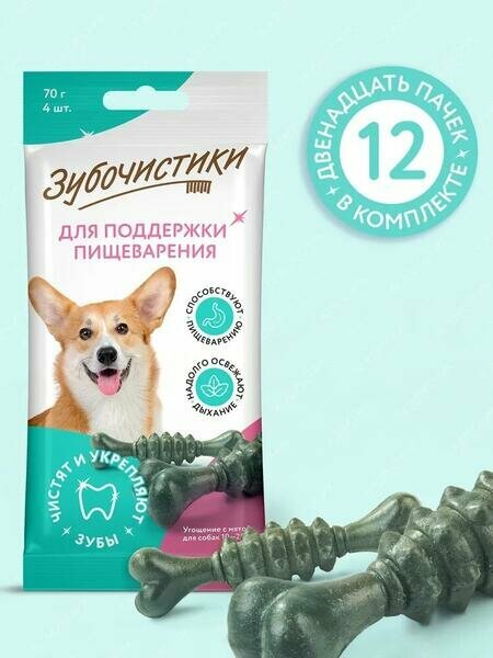 Зубочистики 12 шт по 70 г мятные лакомство с хлорофиллом для собак средних пород 10-25 кг