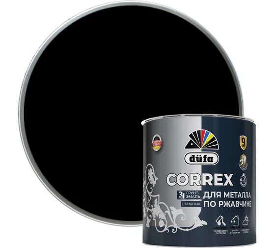 Dufa Грунт-эмаль по ржавчине гладкая Correx 3 в 1 RAL-9005 черный 2 л