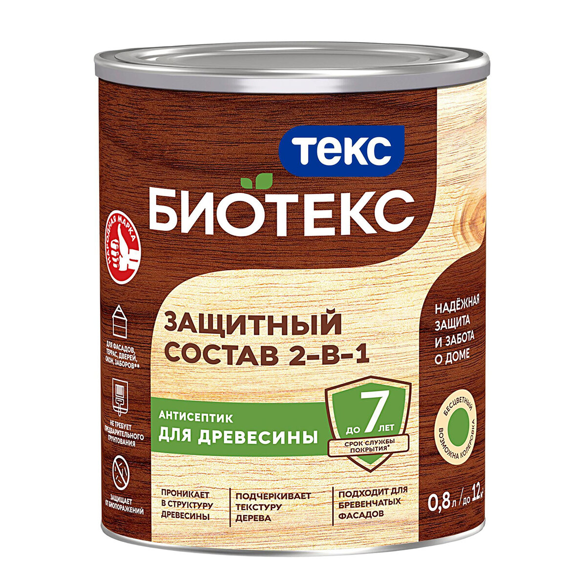 Антисептик для древесины Bioteks бесцветный, декоративный, лессирующий, защитный состав 2в1, 0.8 л