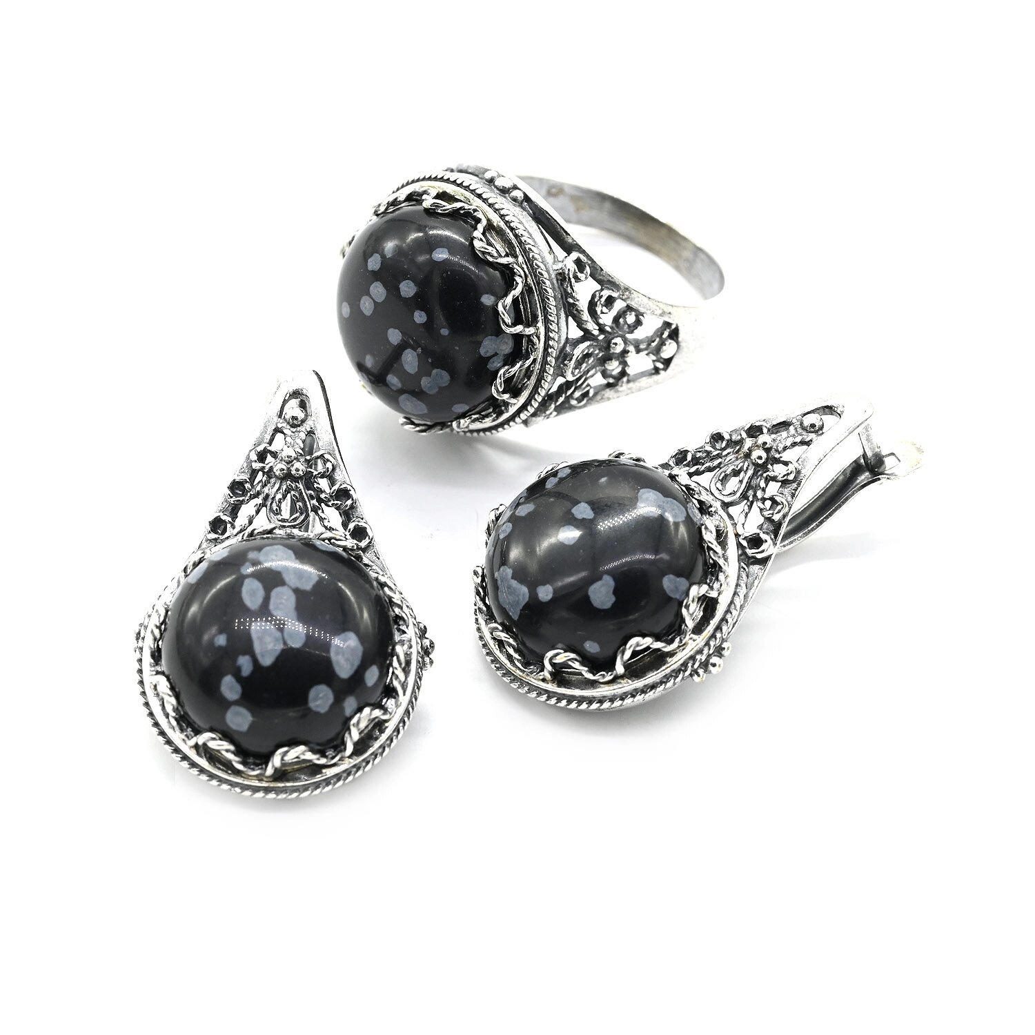 Комплект бижутерии: кольцо, обсидиан