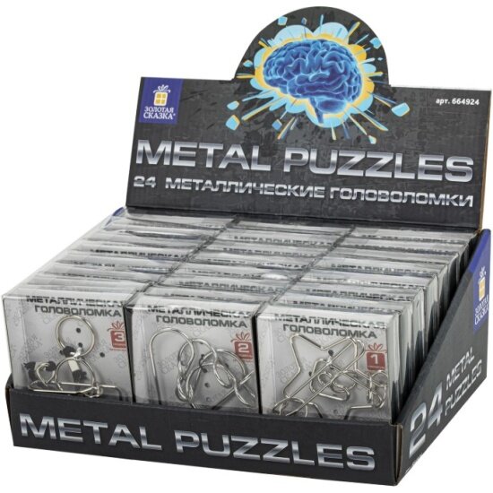 Головоломка металлическая большая Золотая Сказка , 24 вида, в дисплее, разные уровни сложности, 664924