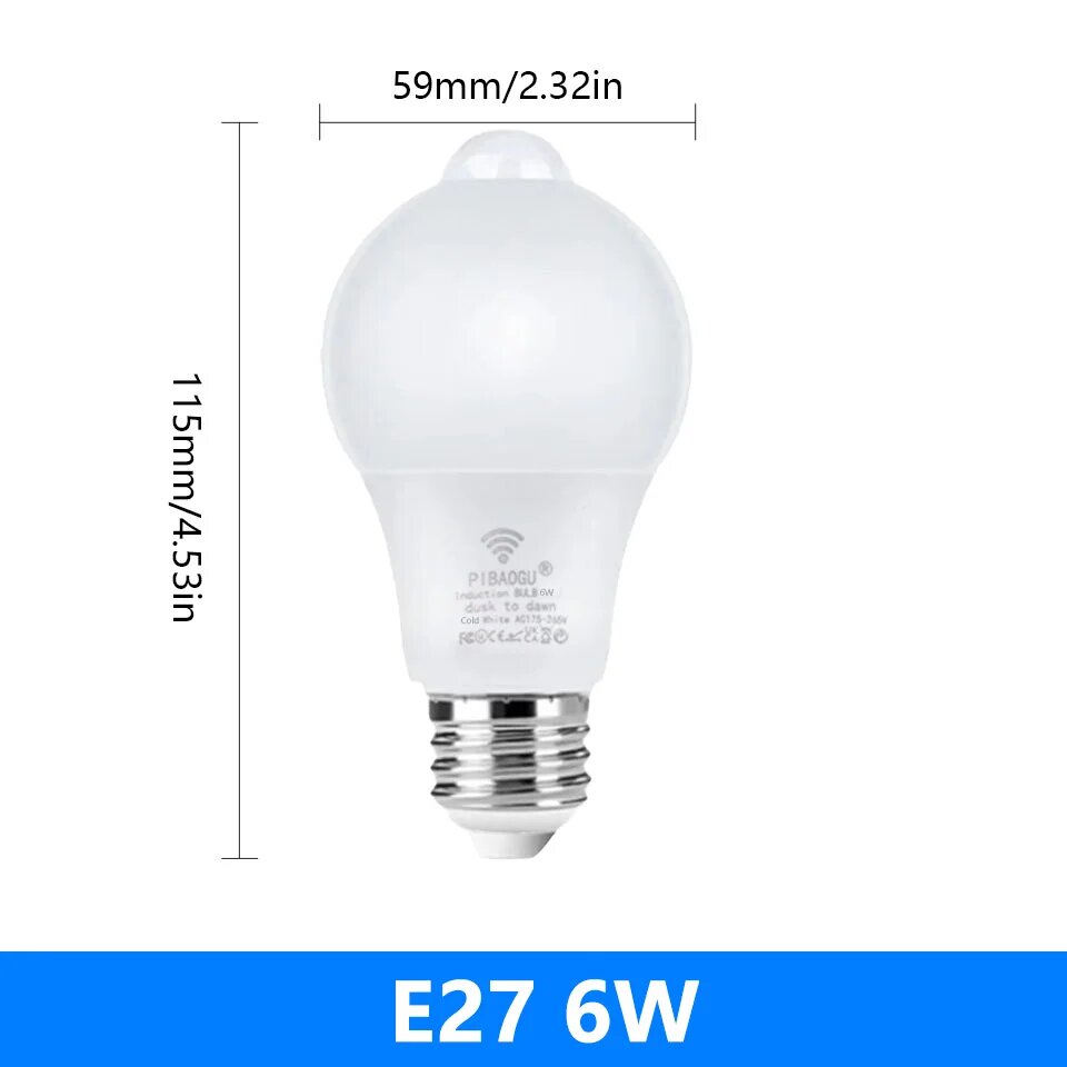 Светодиодная лампа E27 6W с датчиком движения, Cold Whtie