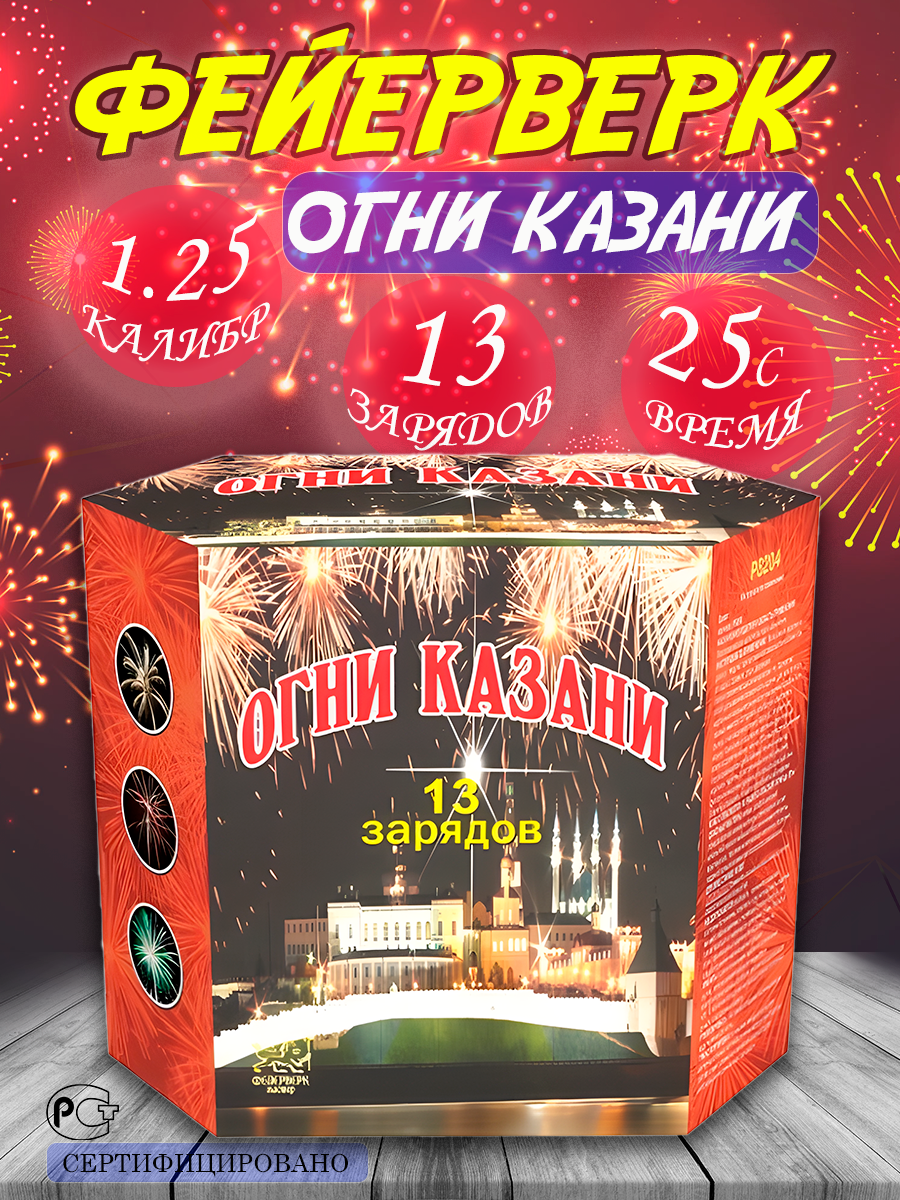 Городской салют Фейерверк Мастер "Огни Казани", высота выстрела 35 м, 13 залпов, III класс опасности