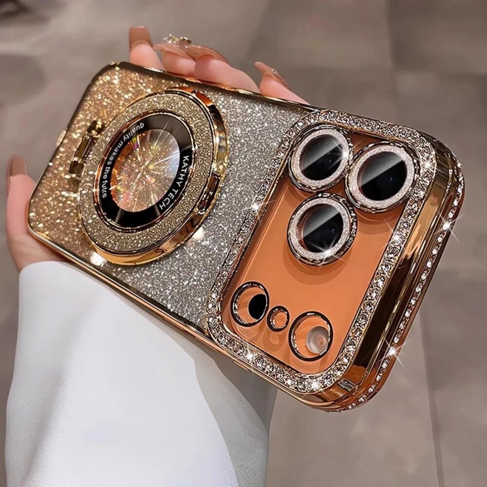 Подходит для iPhone 17/16/15/14/13/12/11 чехол с пленкой для объектива 16, защита от падения 15, блестящая магнитная подставка со стразами iPhone17 Про Макс, Золотой