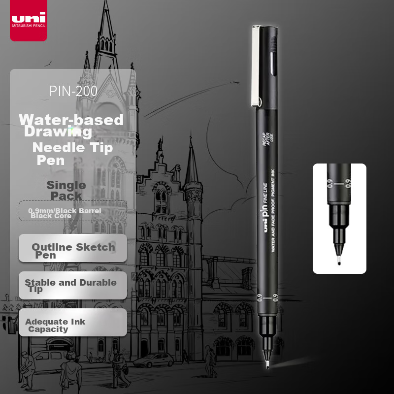 Mitsubishi (Uni) 0.9mm Water-Based Drawing Needle Pen, PIN-200 Art Design Outlining Pen, Black Barrel with Black Ink, Single Pen