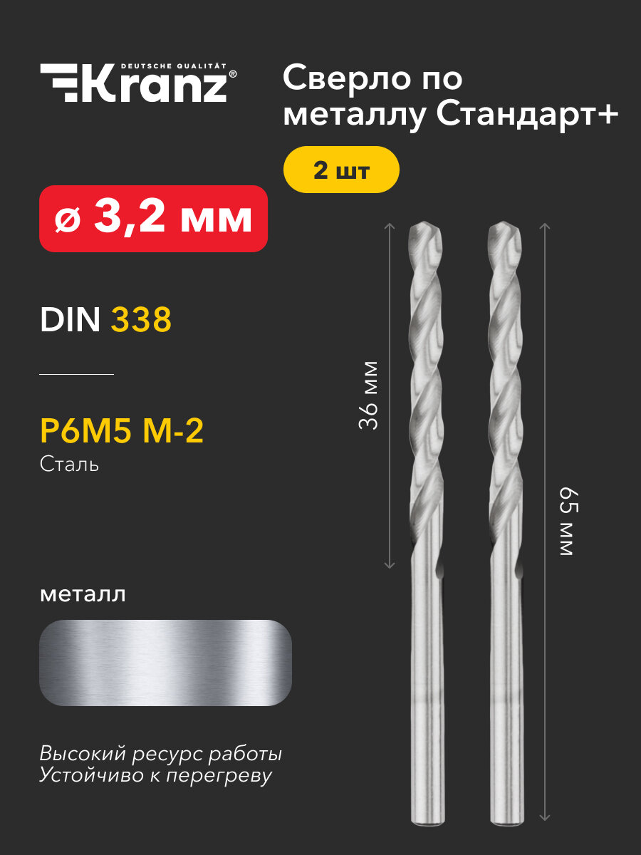 Сверло по металлу KRANZ 3,2 мм Стандарт+ из быстрорежущей стали P6M5 M-2, в упаковке 2 шт, стандарт DIN 338