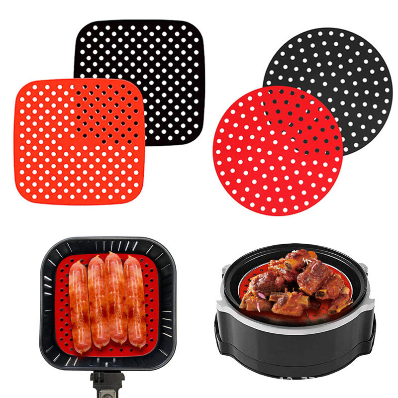 Cross Border New Airware Reusable Air Fryer Lined Square Silicone Air Fryer Pad Accessories Square 8.5 Inch Black Large
