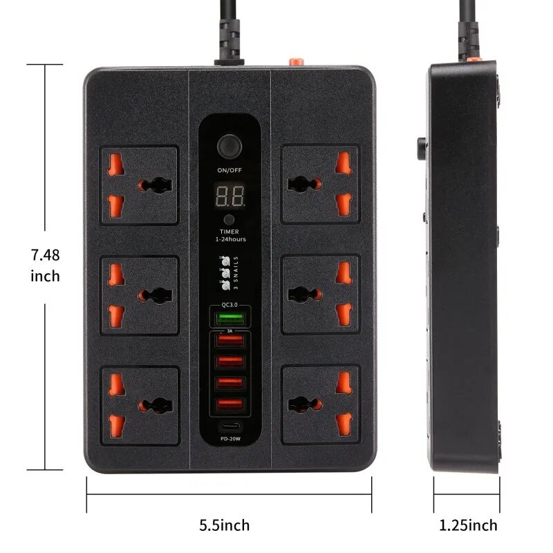 Удлинитель с розетками 3000 Вт, черный, PD20W QC3.0