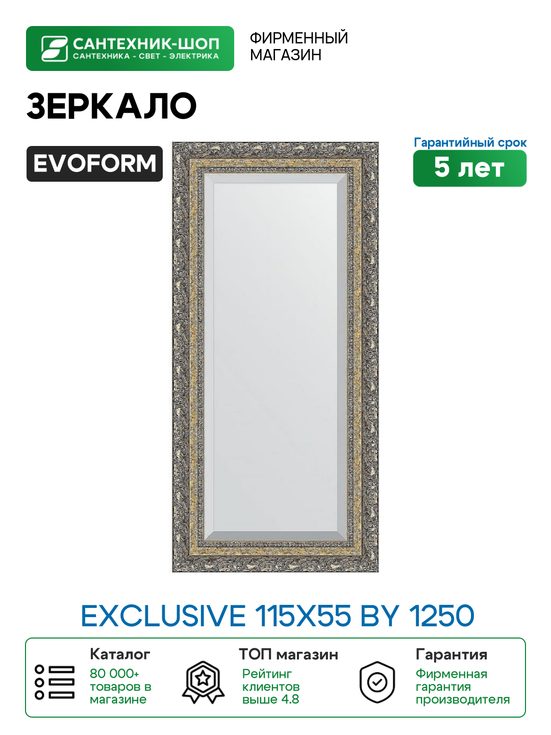 Зеркало Evoform Exclusive 115х55 BY 1250 с фацетом в багетной раме - Виньетка бронзовая 85 мм стекло