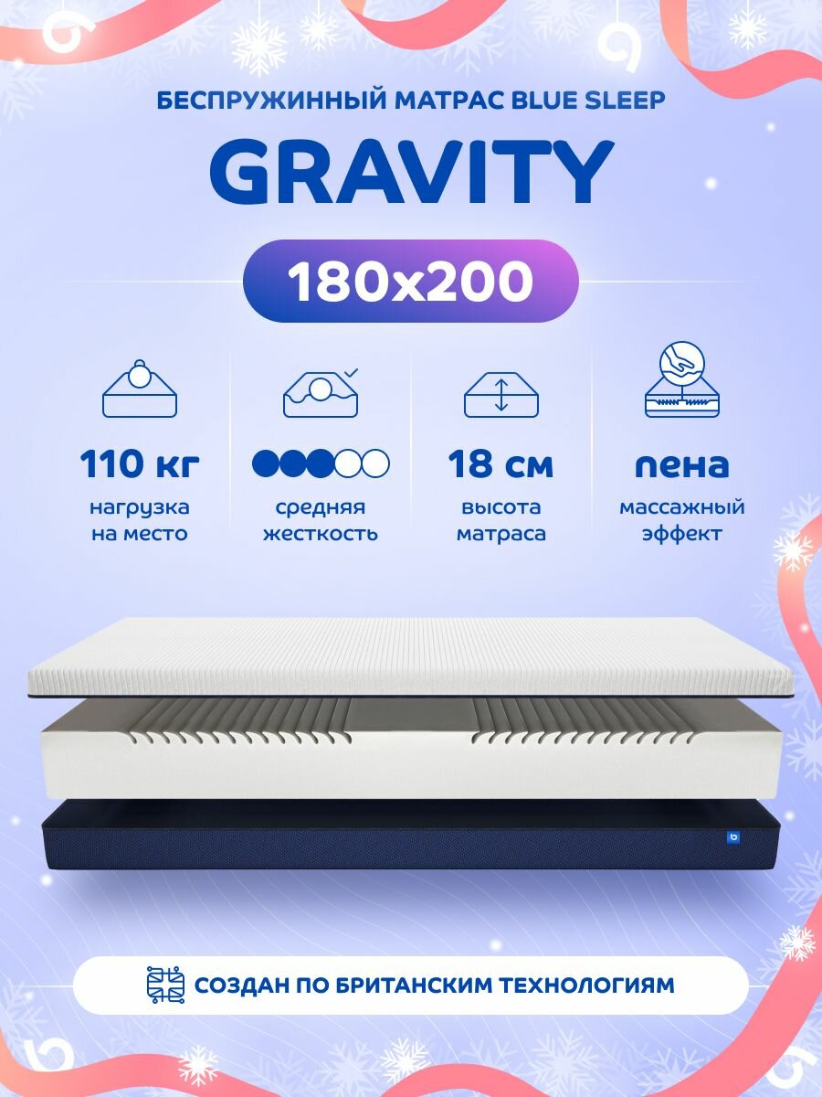 Матрас 180х200 беспружинный на кровать ортопедический Blue Sleep Gravity