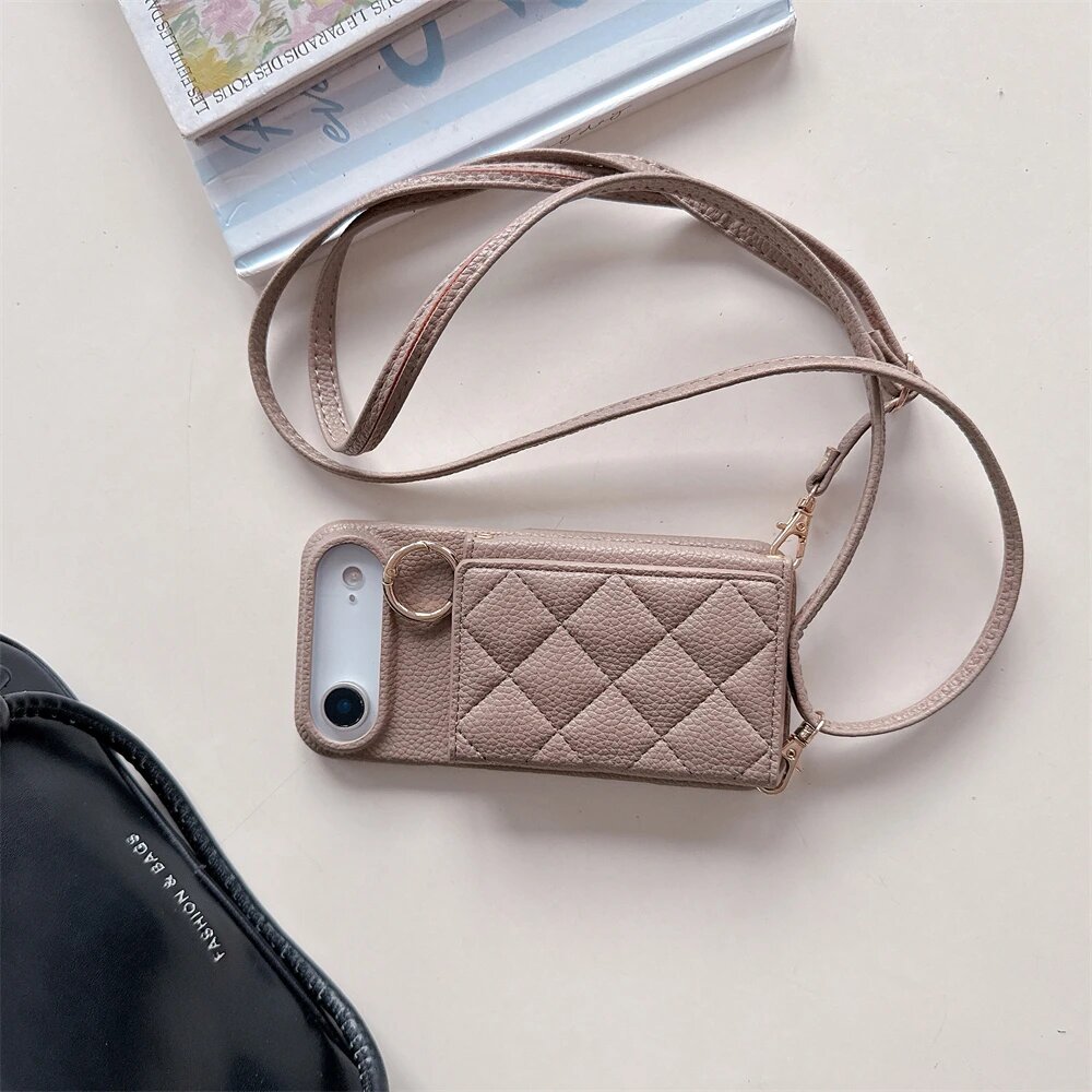 Кожаный Чехол Для Телефона С Ремешком Для iPhone 17/16E/15/14/13/12/11 Pro Max Plus - Чехол-кошелек С Плечевым Ремнем И Шнурком