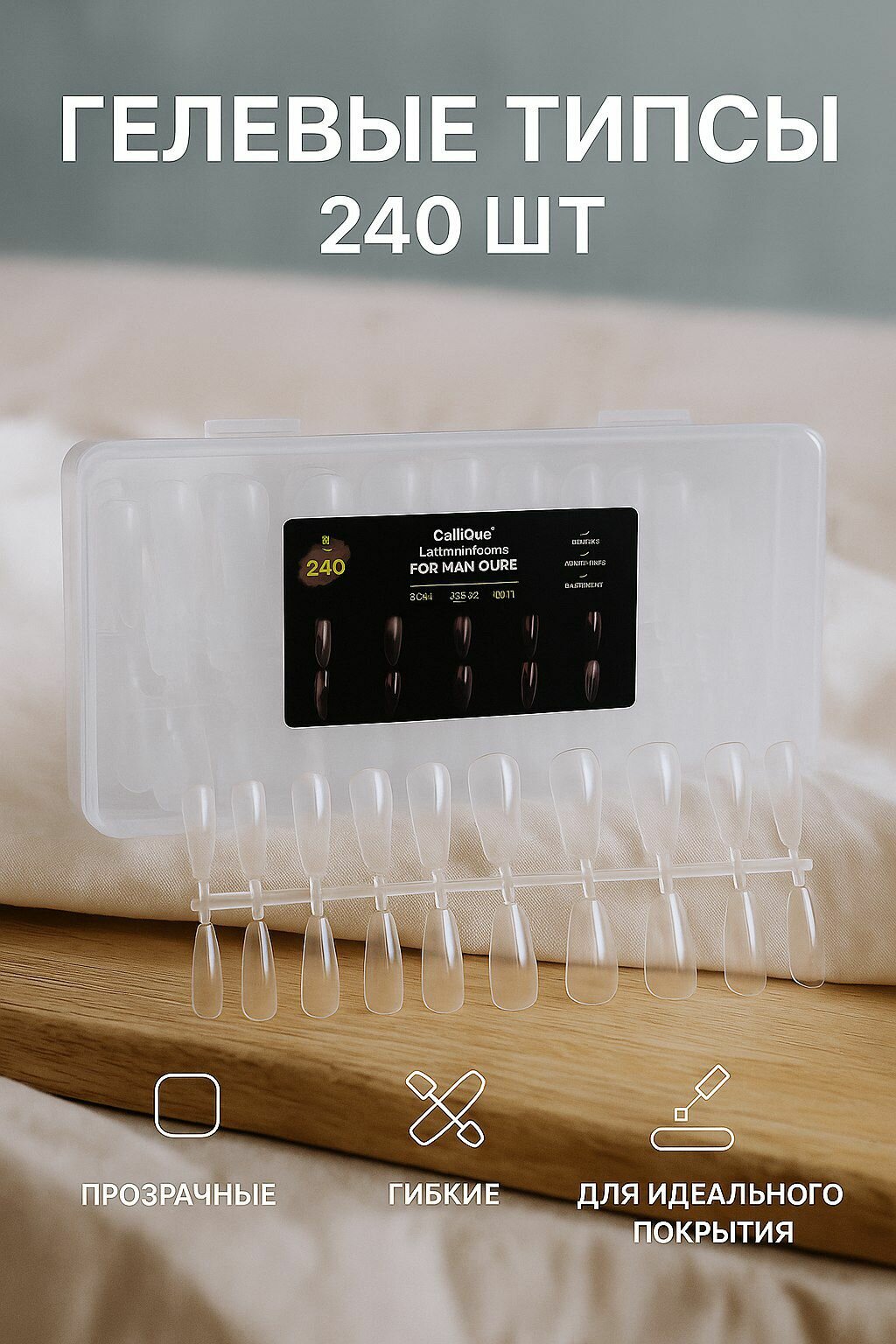 Типсы гелевые для наращивания ногтей прозрачные гибкие 240 шт, набор микс типс 10 в 1