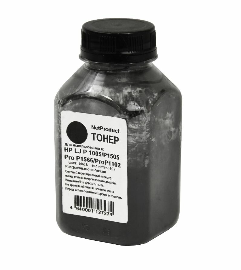 Тонер NetProduct для HP LJ P1005/P1505/ProP1566/ProP1102, Bk, 60 г, банка