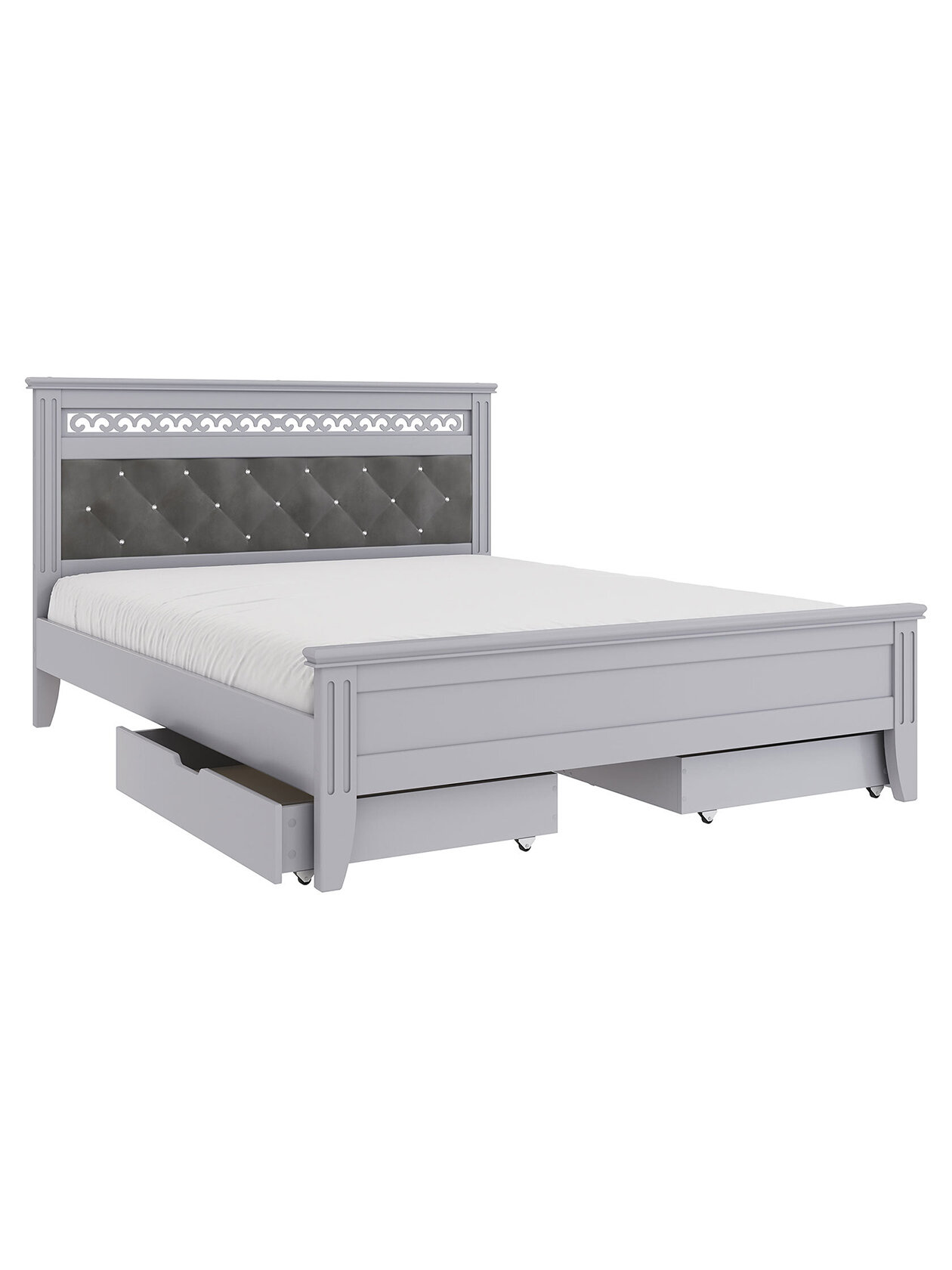 Двуспальная кровать Аврил 160х200 см деревянная, с анатомическим основанием, с мягким изголовьем, с ящиками, Массив Сосны Антрацит / Зеленый, велюр