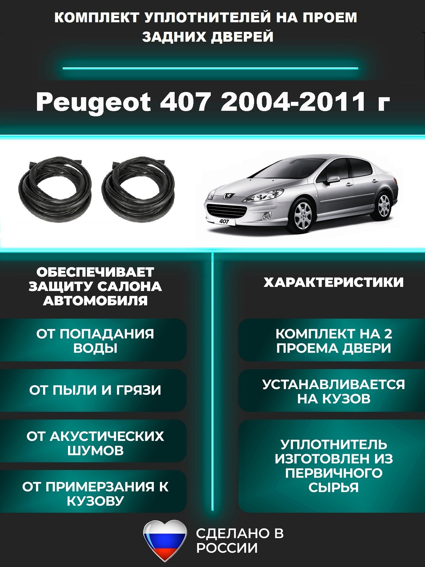 Комплект уплотнителей проема задних дверей подходят на Peugeot 407 2004-2011 г, Пежо 407 - 2 шт