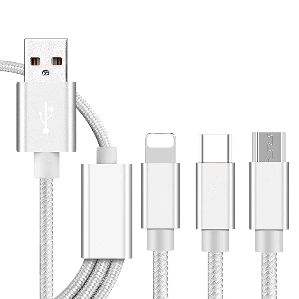 Кабель USB 3 в 1 Type-C/Lightning/Micro USB для зарядки, длина 1м (3.28ft), материал нейлон+TPE, цвета Золотой/Розовый золото/Черный/Серебряный, упаковка 15*6*2cm, вес 55g
