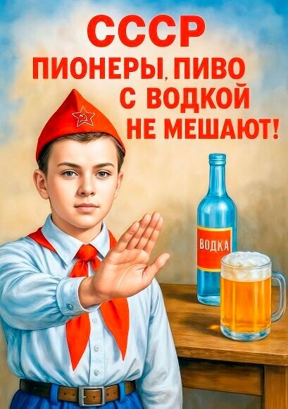 "Пионер - водку с пивом не мешает". 30*42 см. Пародия на советский агит. плакат А3_054.