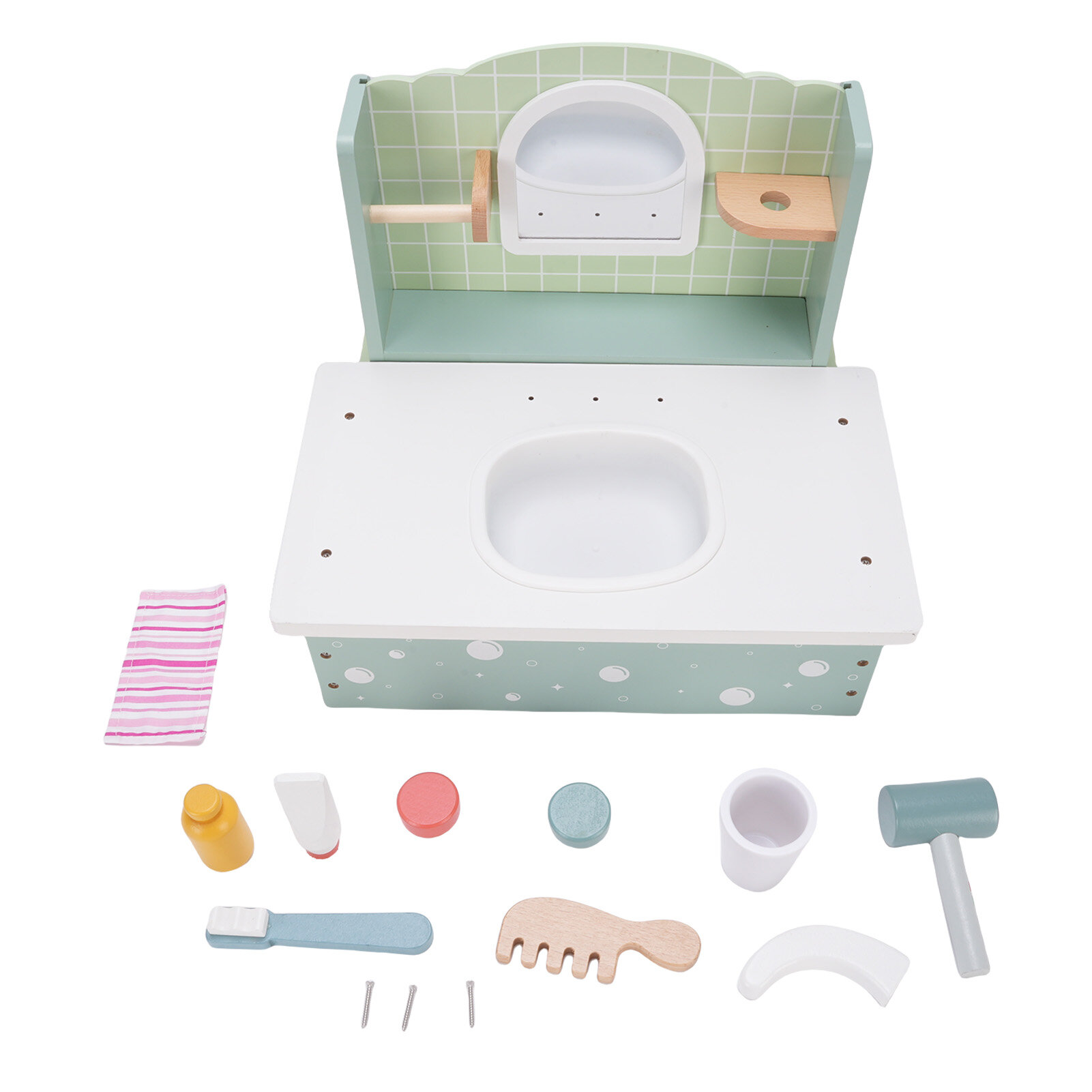 Деревянный туалетный столик для детей, развивающий игрушечный набор для ванной комнаты с раковиной, расческой и феном для девочек.